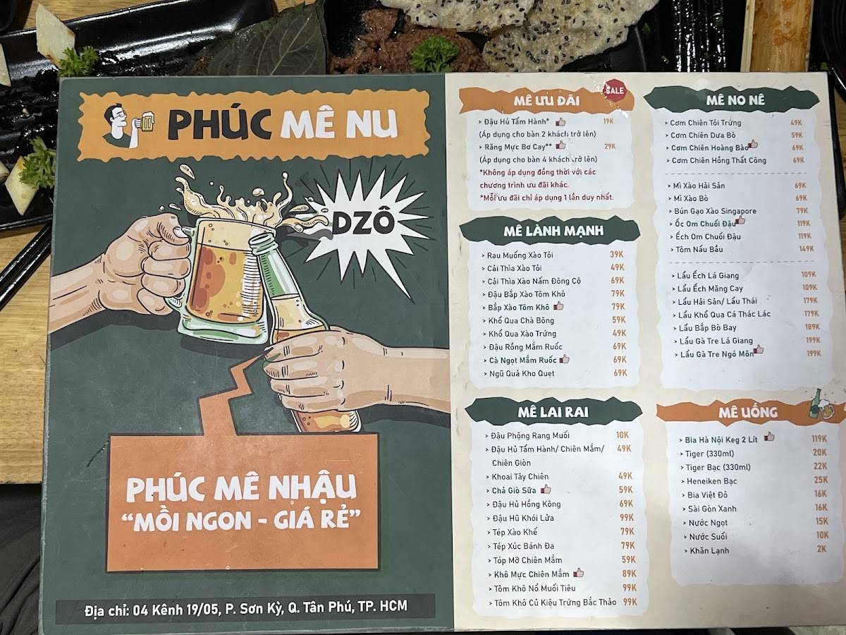 Menu at Phúc Mê Nhậu restaurant, Ho Chi Minh City