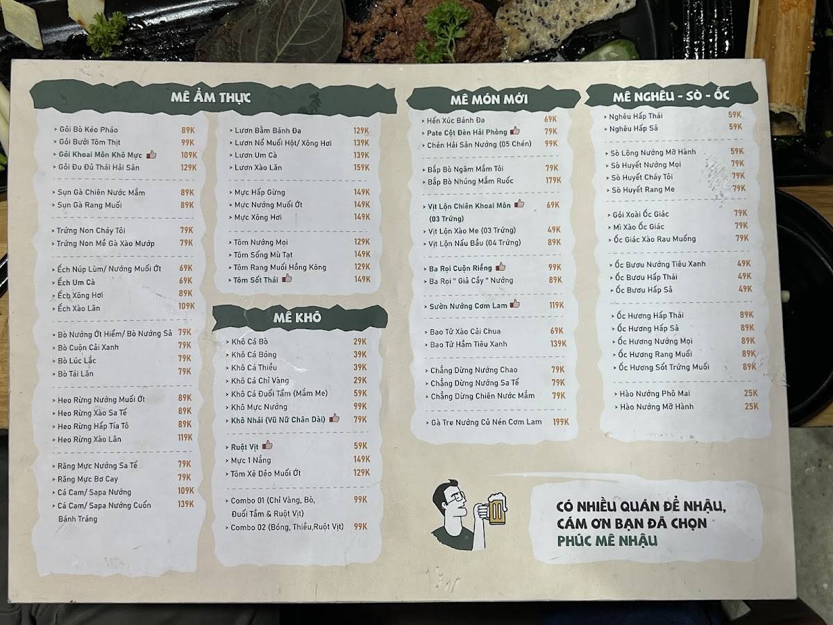 Menu at Phúc Mê Nhậu restaurant, Ho Chi Minh City
