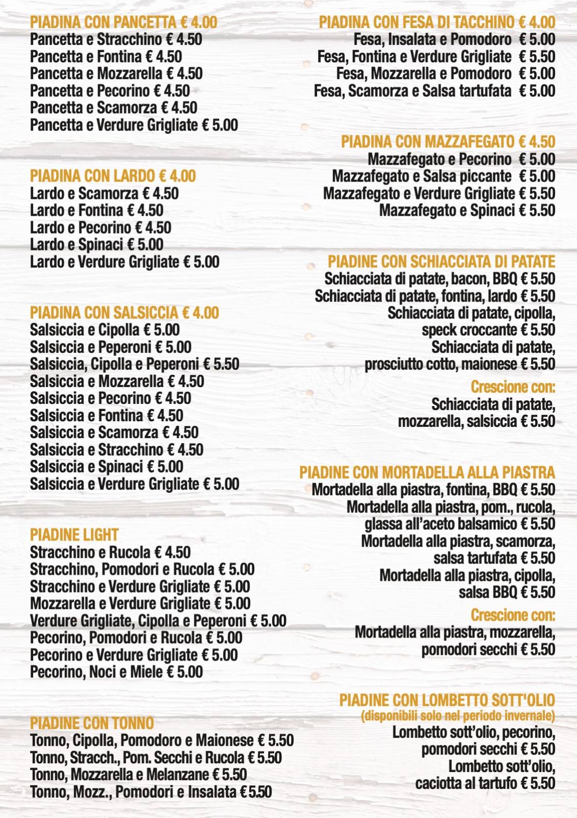 Menu da Piadineria Que Piada ristorante, Città di Castello