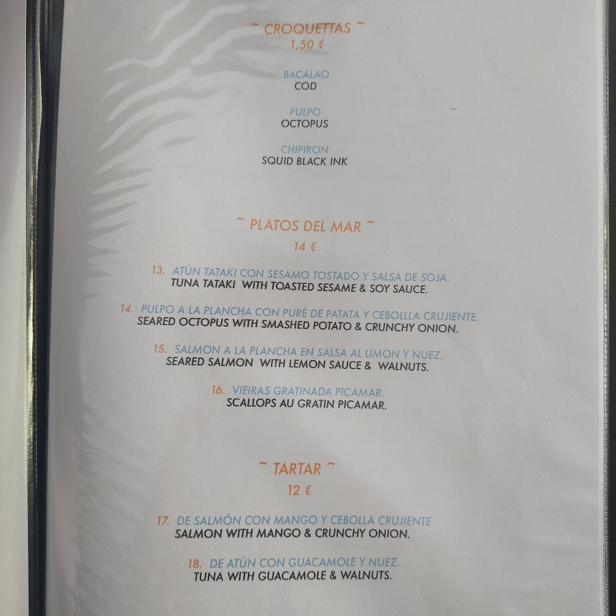 Menu at Picamar Tapas Bistrò restaurant, Costa Adeje