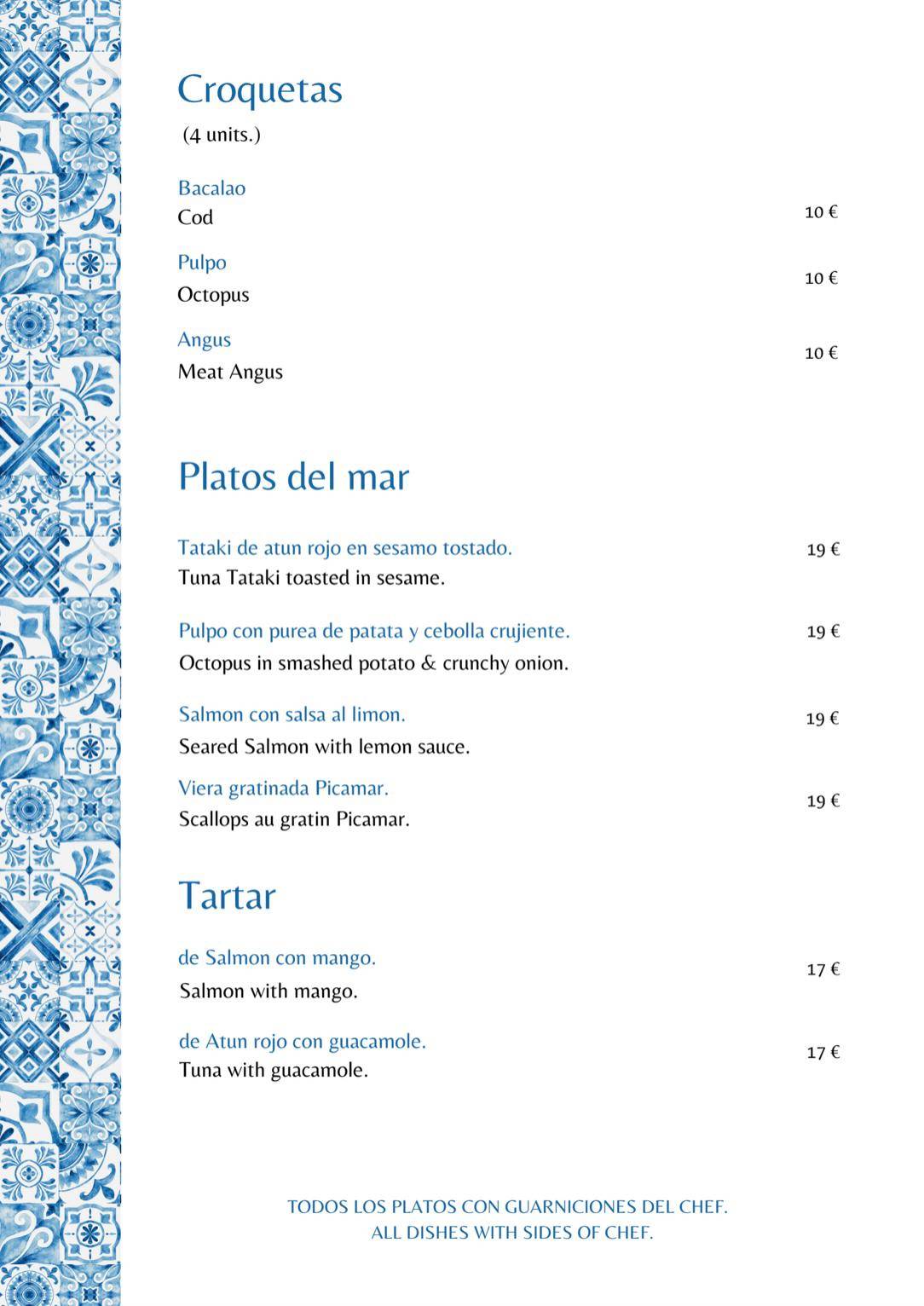 Menu at Picamar Tapas Bistrò restaurant, Costa Adeje