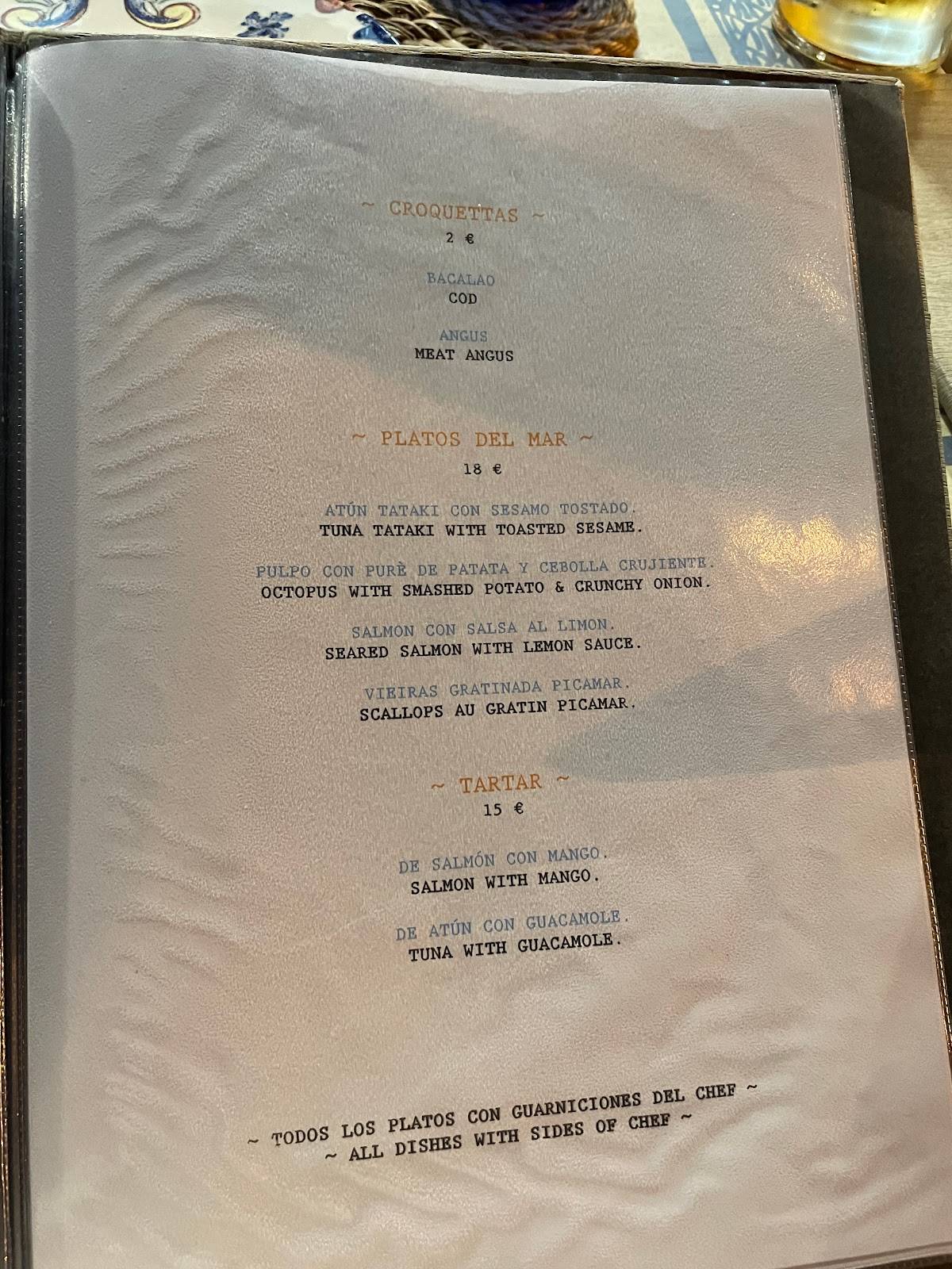 Menu at Picamar Tapas Bistrò restaurant, Costa Adeje