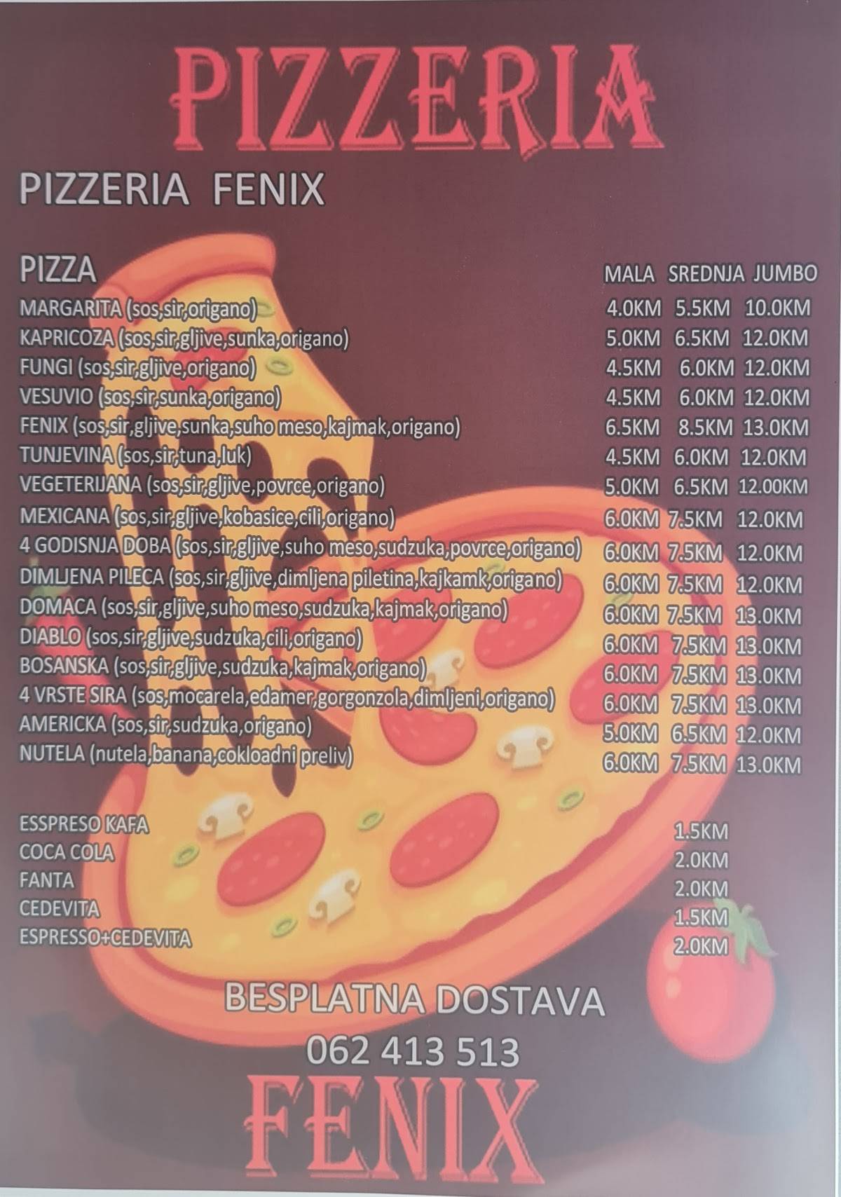 Carta de Pizzeria Fenix, Sarajevo