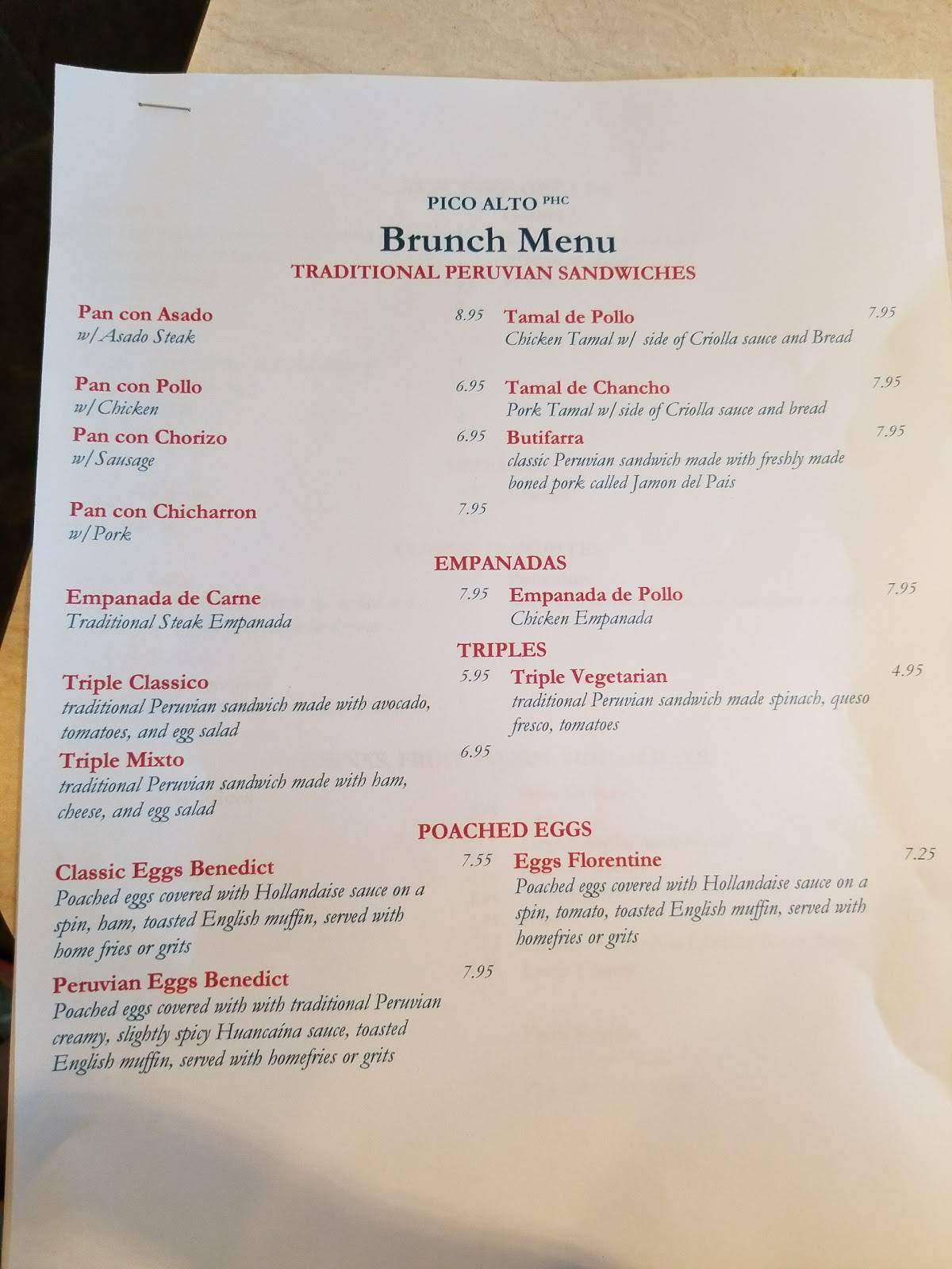 Menu at Pico Alto PHC Peruvian Restaurant, Indialantic