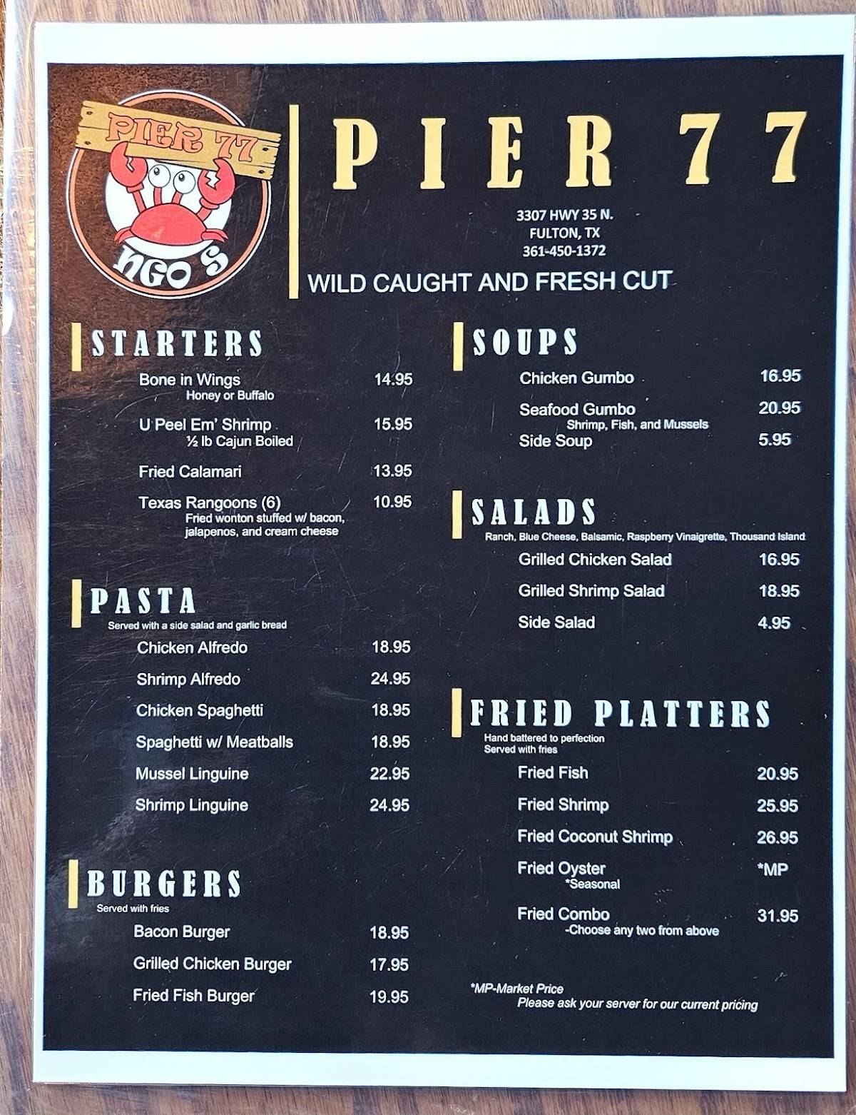 Menu at Pier 77 of Fulton restaurant, Rockport