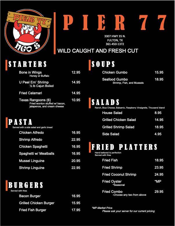 Menu at Pier 77 of Fulton restaurant, Fulton
