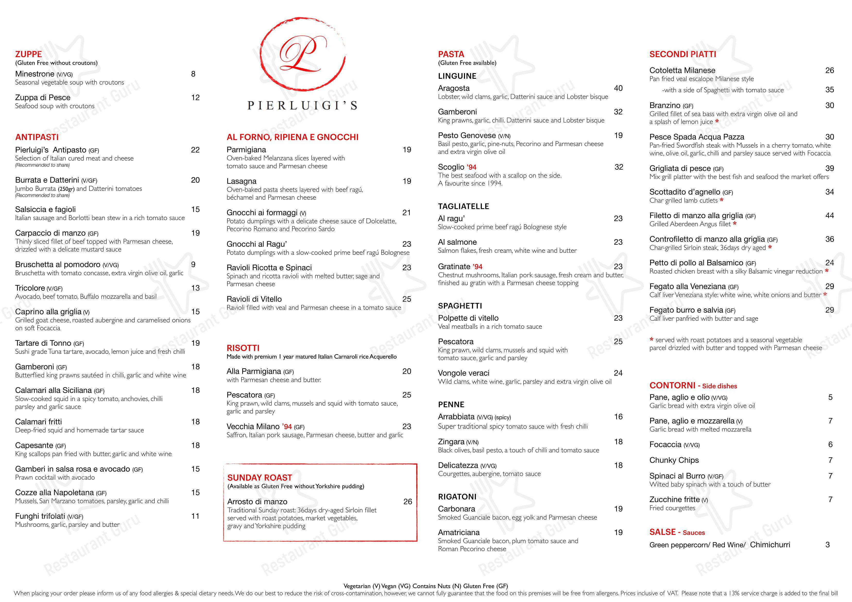 Menu at Pierluigi's restaurant, Beckenham