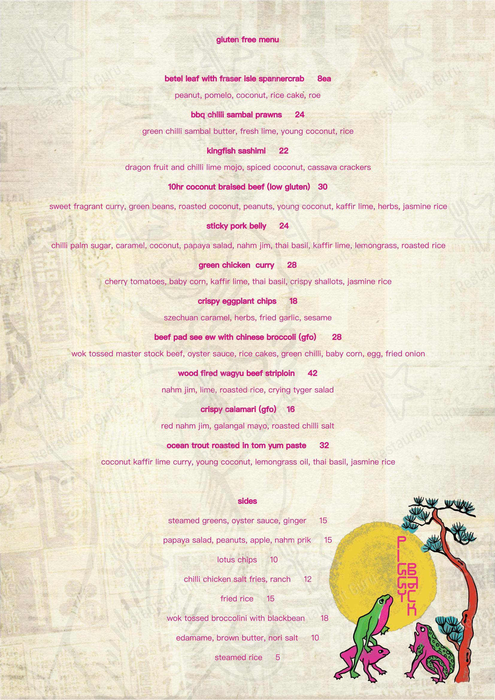 Menu at Piggyback restaurant, Palmwoods