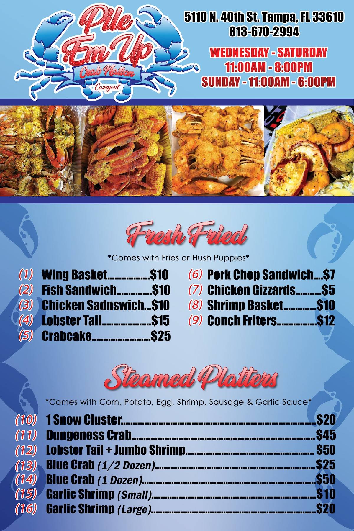Menu at Pile 'Em Up Carryout restaurant, Tampa