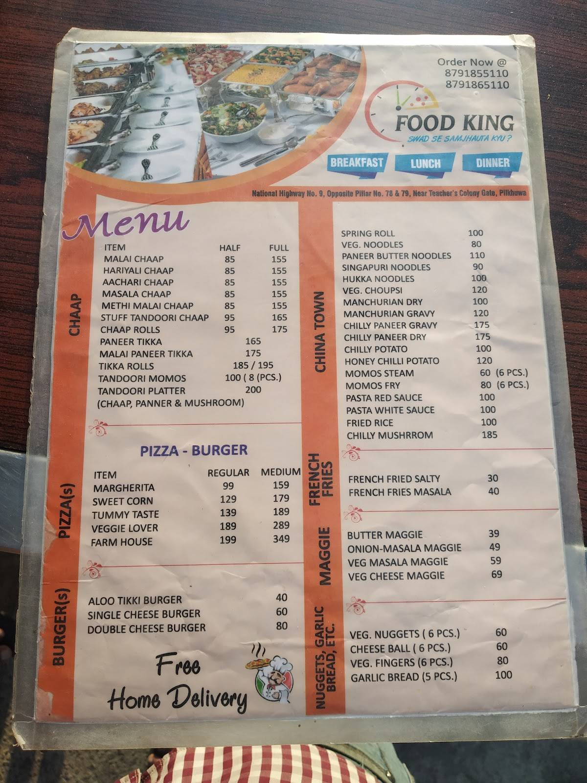 Menu at Food king, Pilkhuwa