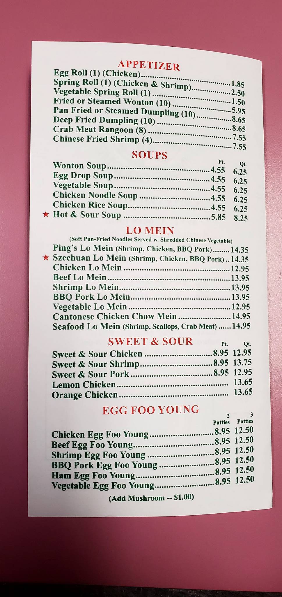 Menu at Ping's restaurant, Rochester Hills