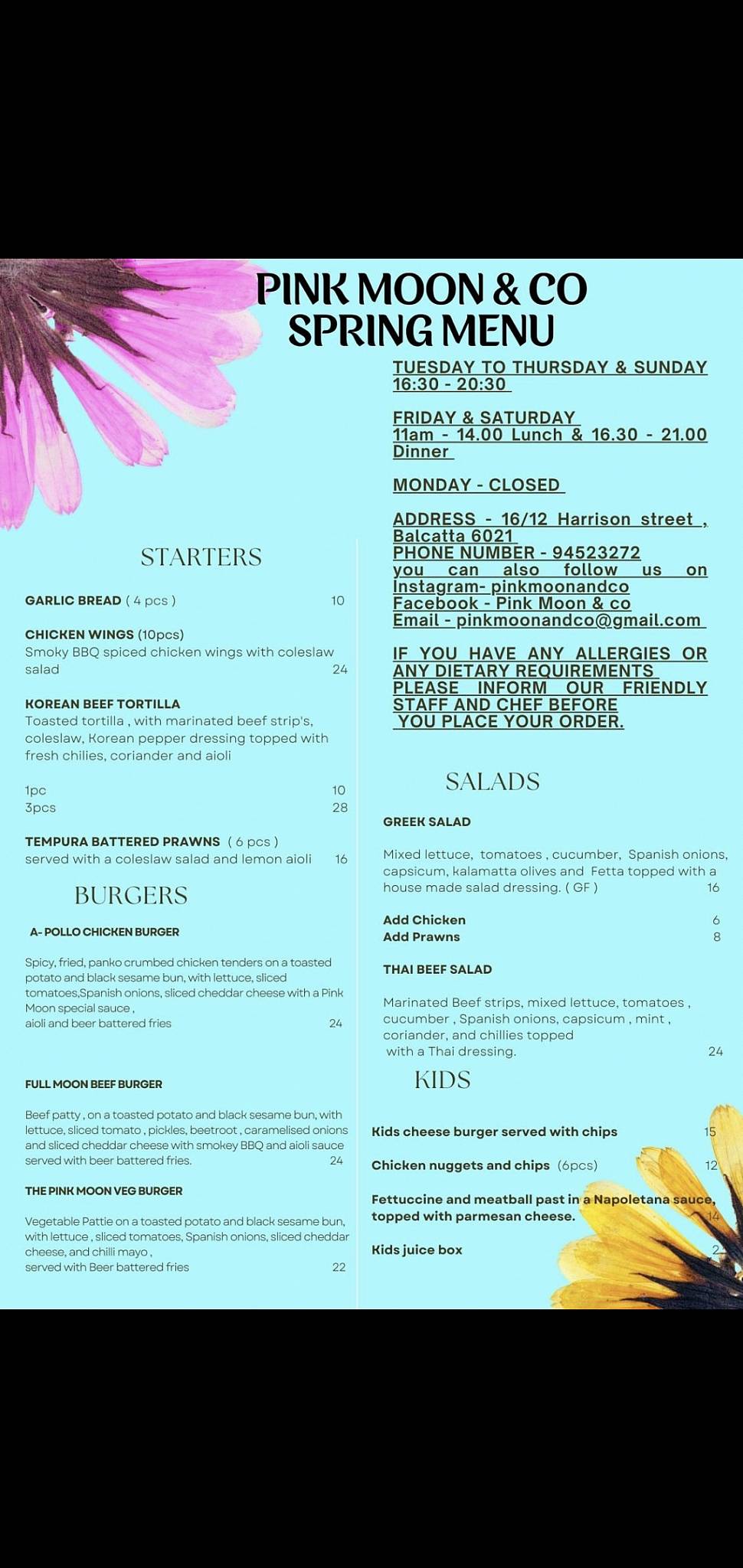 Menu at Pink Moon & Co restaurant, Balcatta