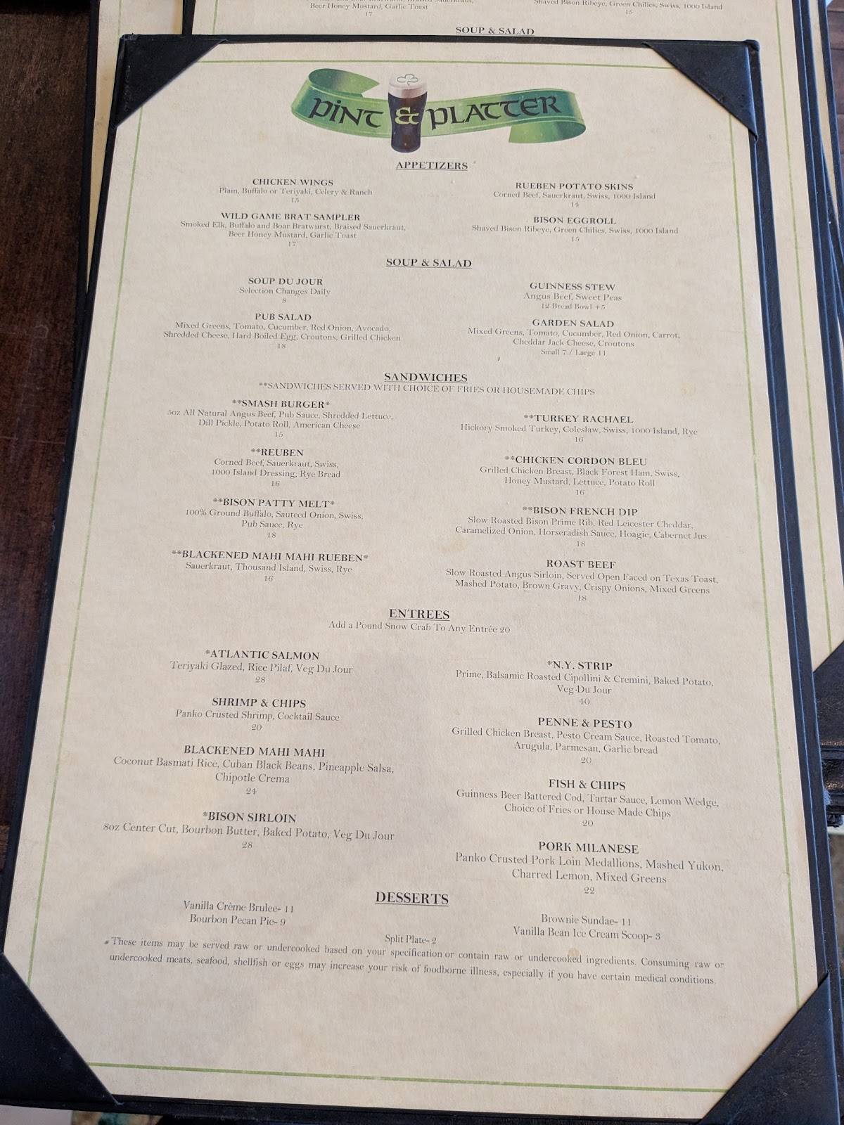 Menu at Pint and Platter pub & bar, Cripple Creek