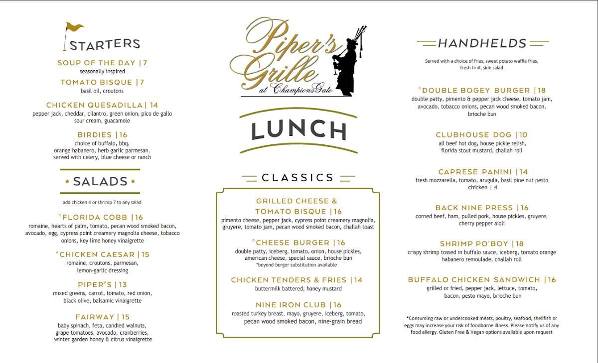 Menu at Piper's Grille and ChampionsGate Lounge pub & bar, Four Corners