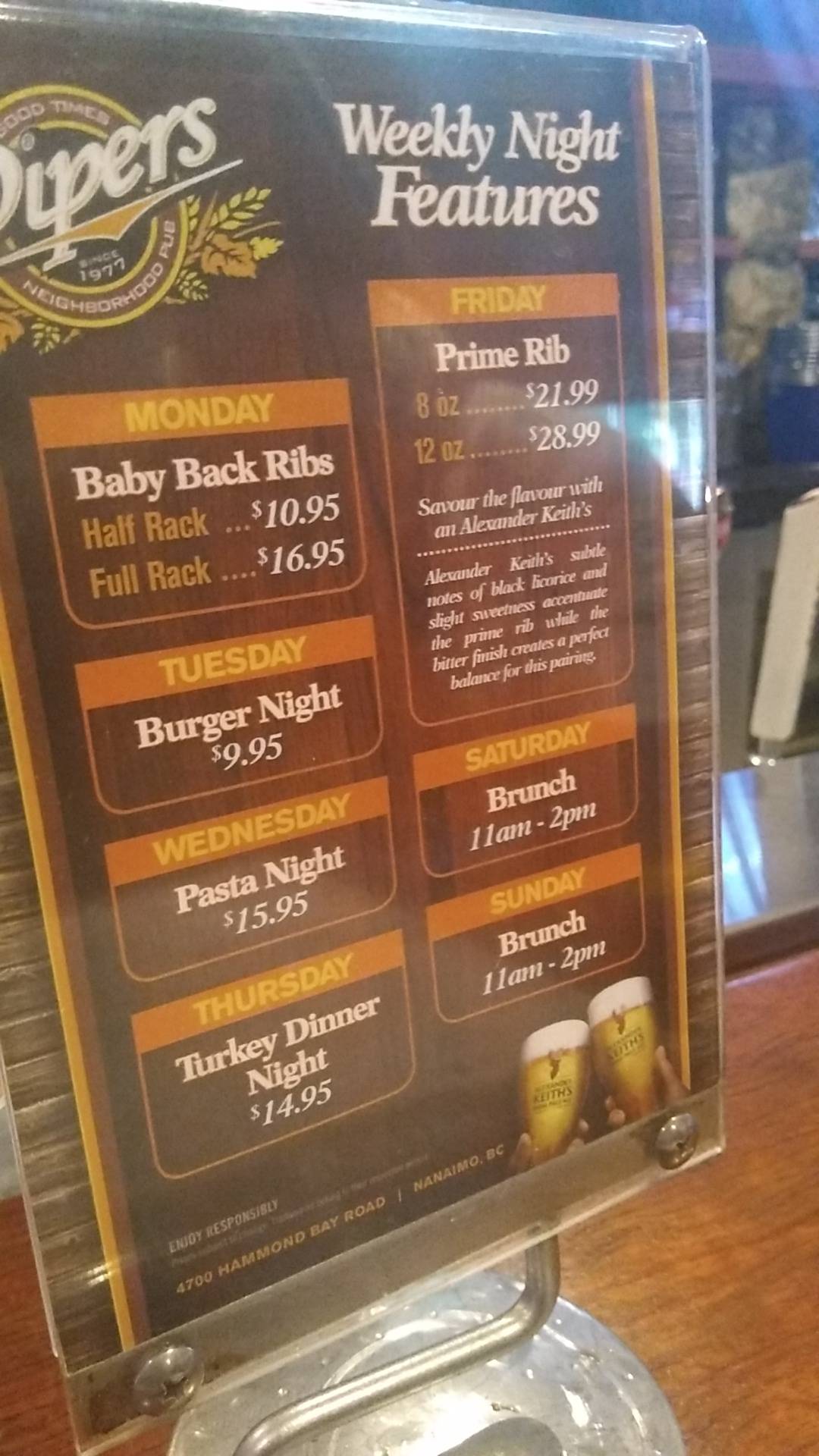 Menu at Piper's Pub, Nanaimo