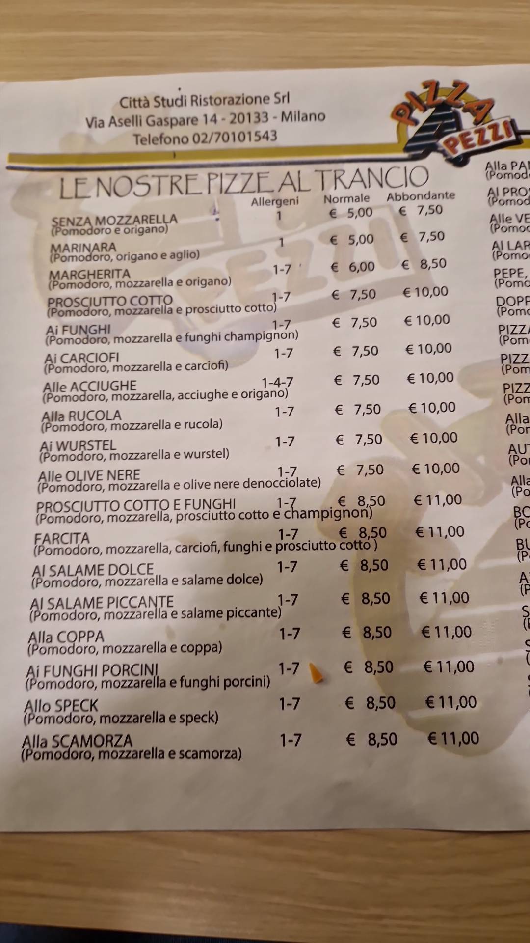 Menu da Pizza A Pezzi pizzeria, Milano, Via Gaspare Aselli