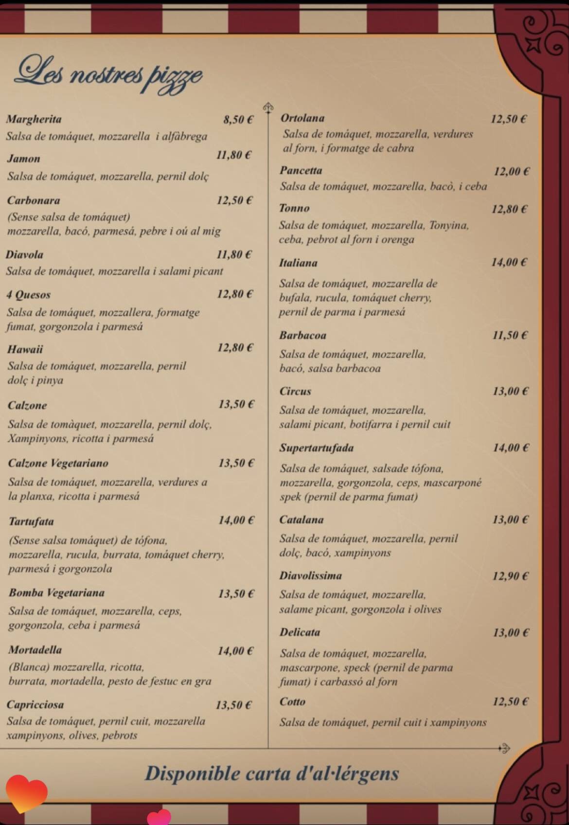 Carta del restaurante Pizza Circus, Pallejá