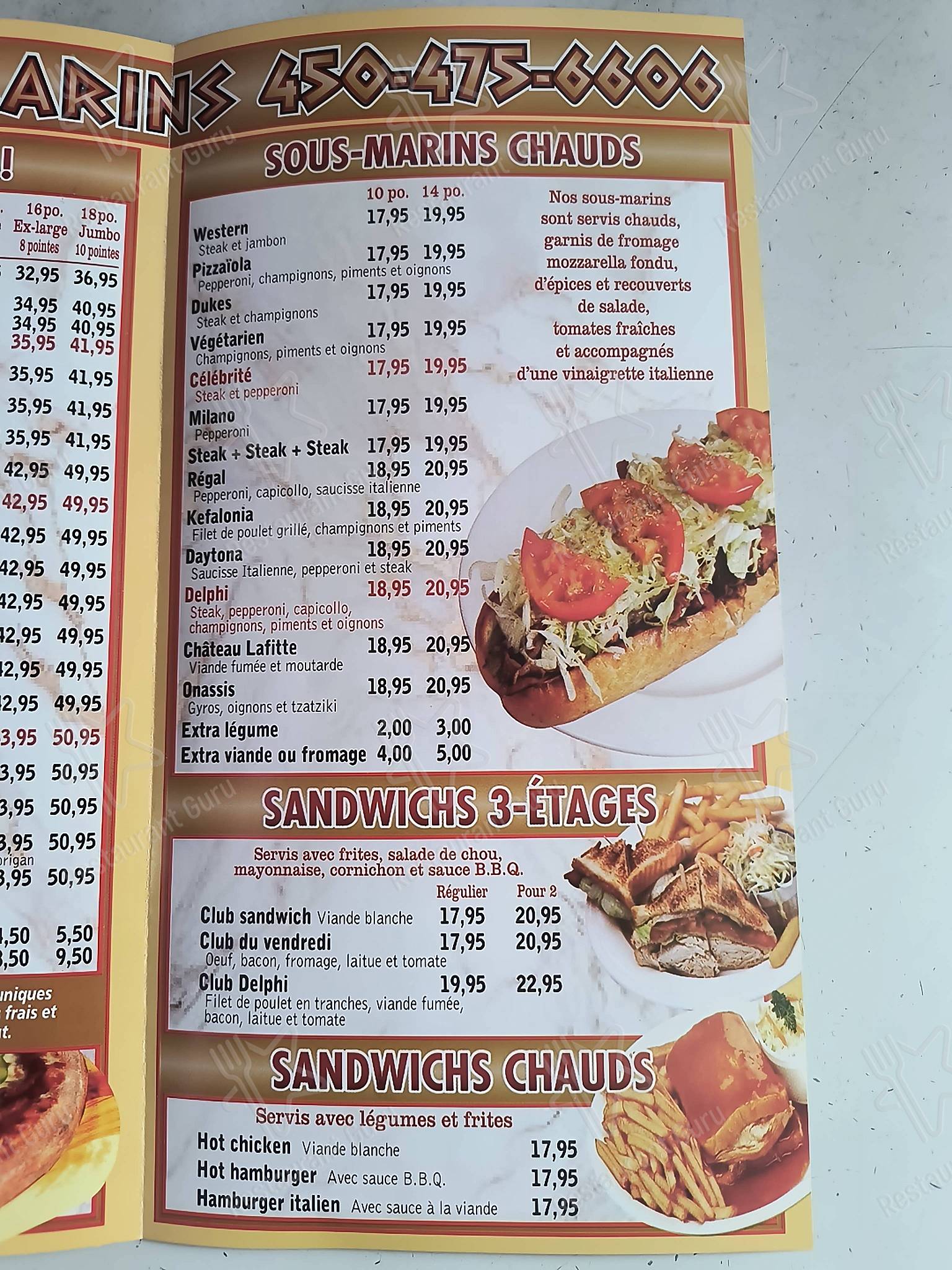 Menu au Pizza Delphi Sous-Marins pizzeria, Mirabel