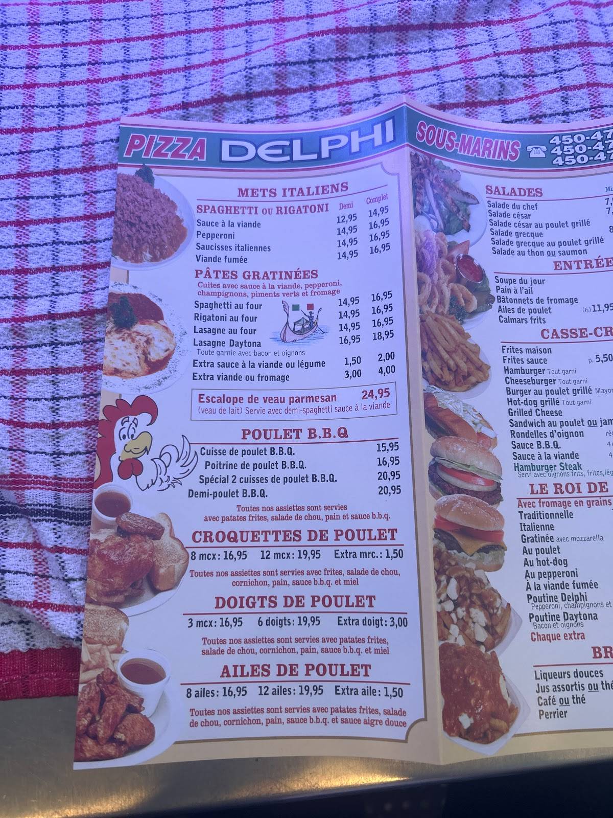 Menu au Pizza Delphi Sous-Marins pizzeria, Mirabel