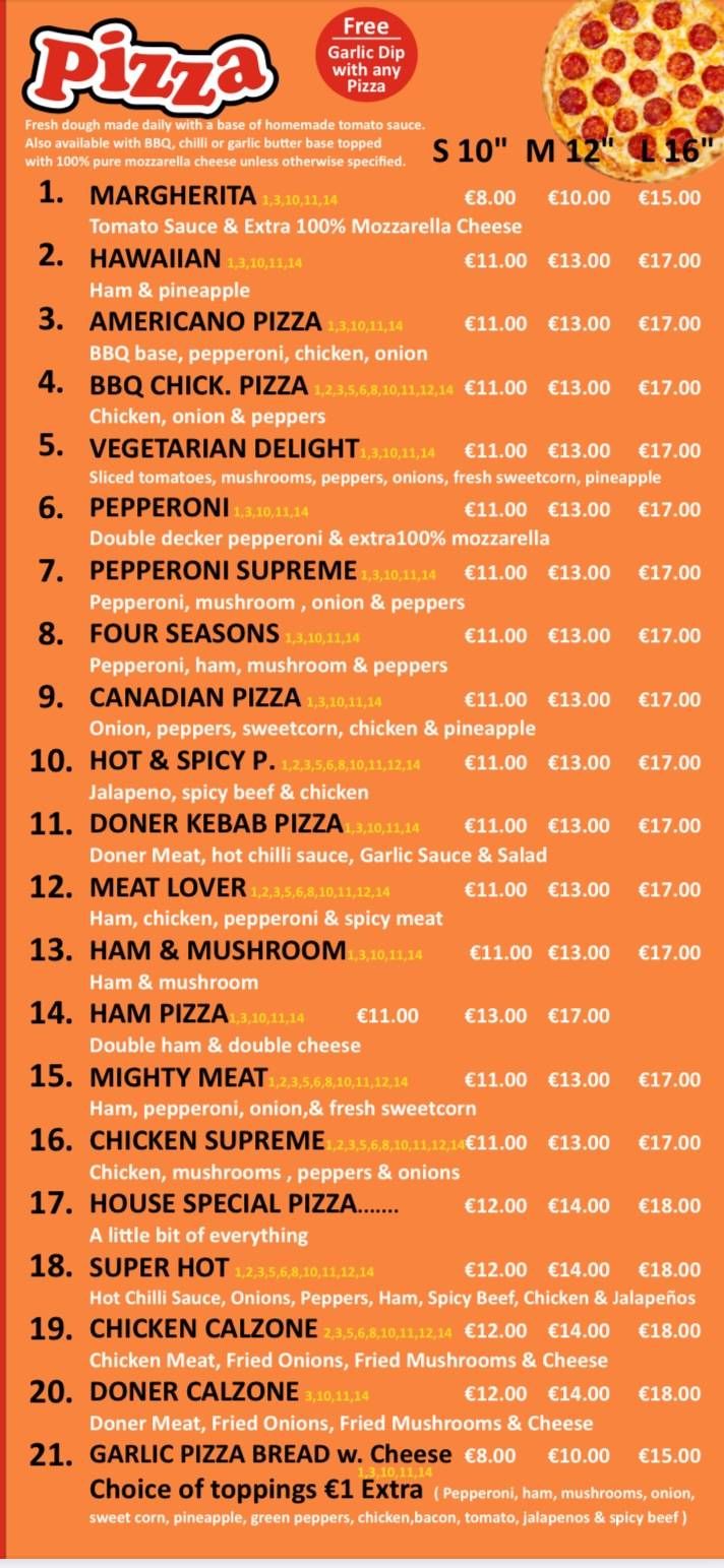 Menu at Pizza House restaurant, Clones