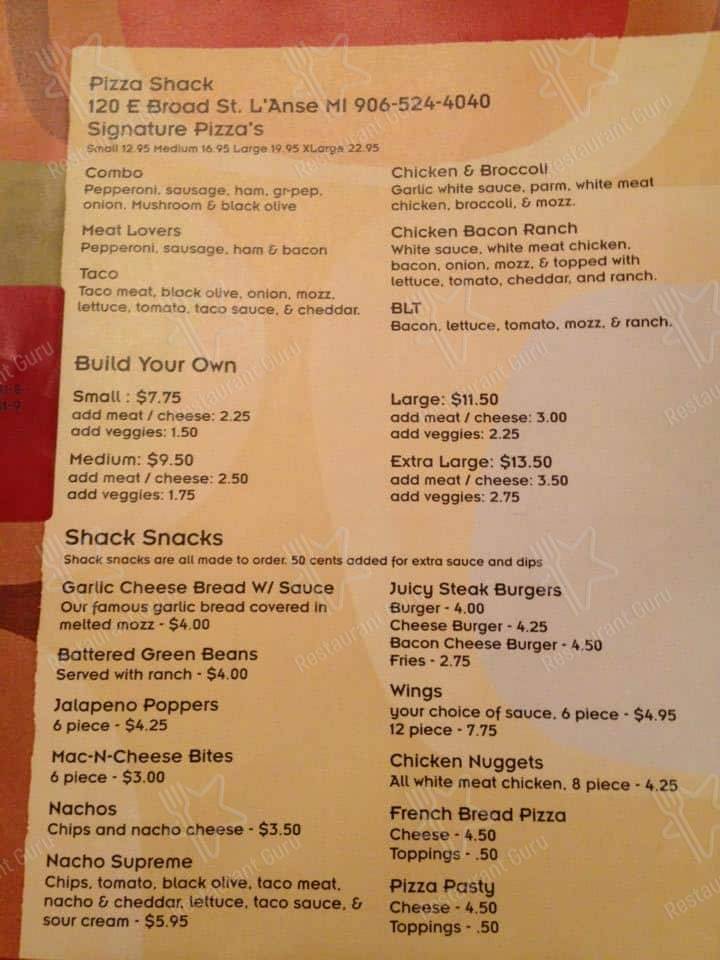 Menu at Pizza Shack pizzeria, L'Anse, 120 E Broad St