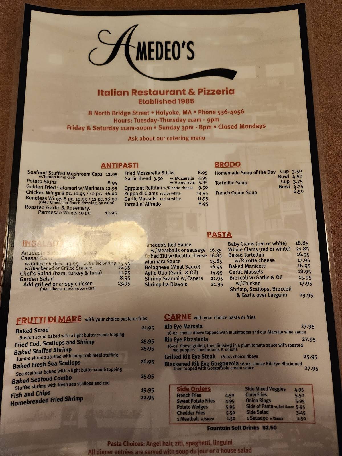 Menu at Amedeo's Restaurant & Pizzeria, Holyoke