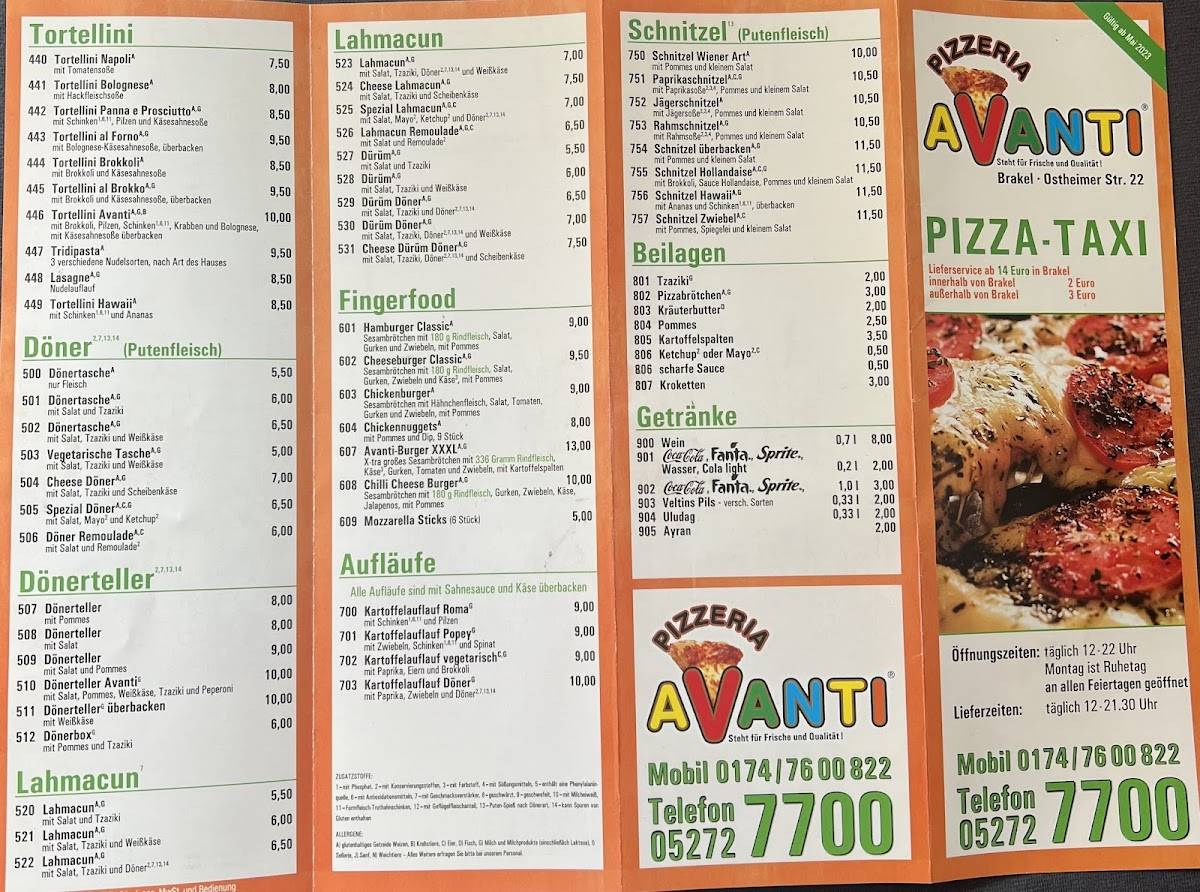 Speisekarte von Pizzeria Avanti, Brakel
