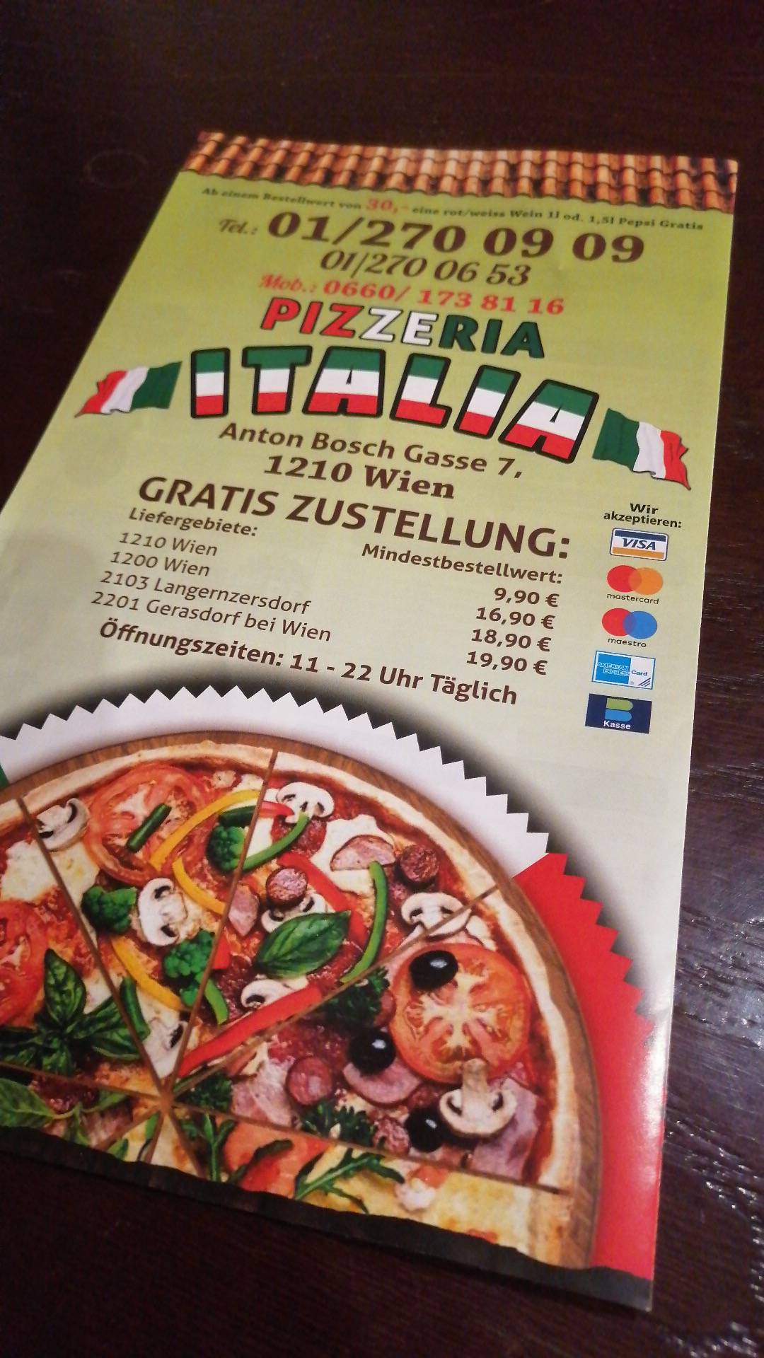 Speisekarte von Pizzeria Bella Italia 1210 Wien, Wien