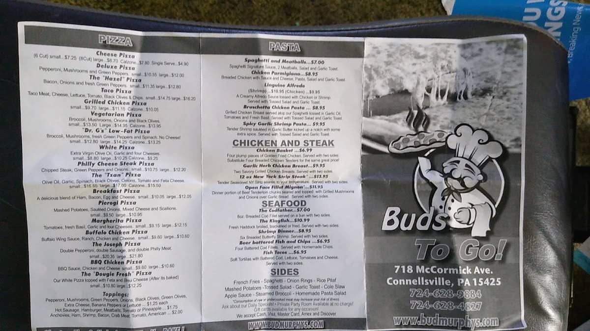 Menu at Bud Murphy's pizzeria, Connellsville