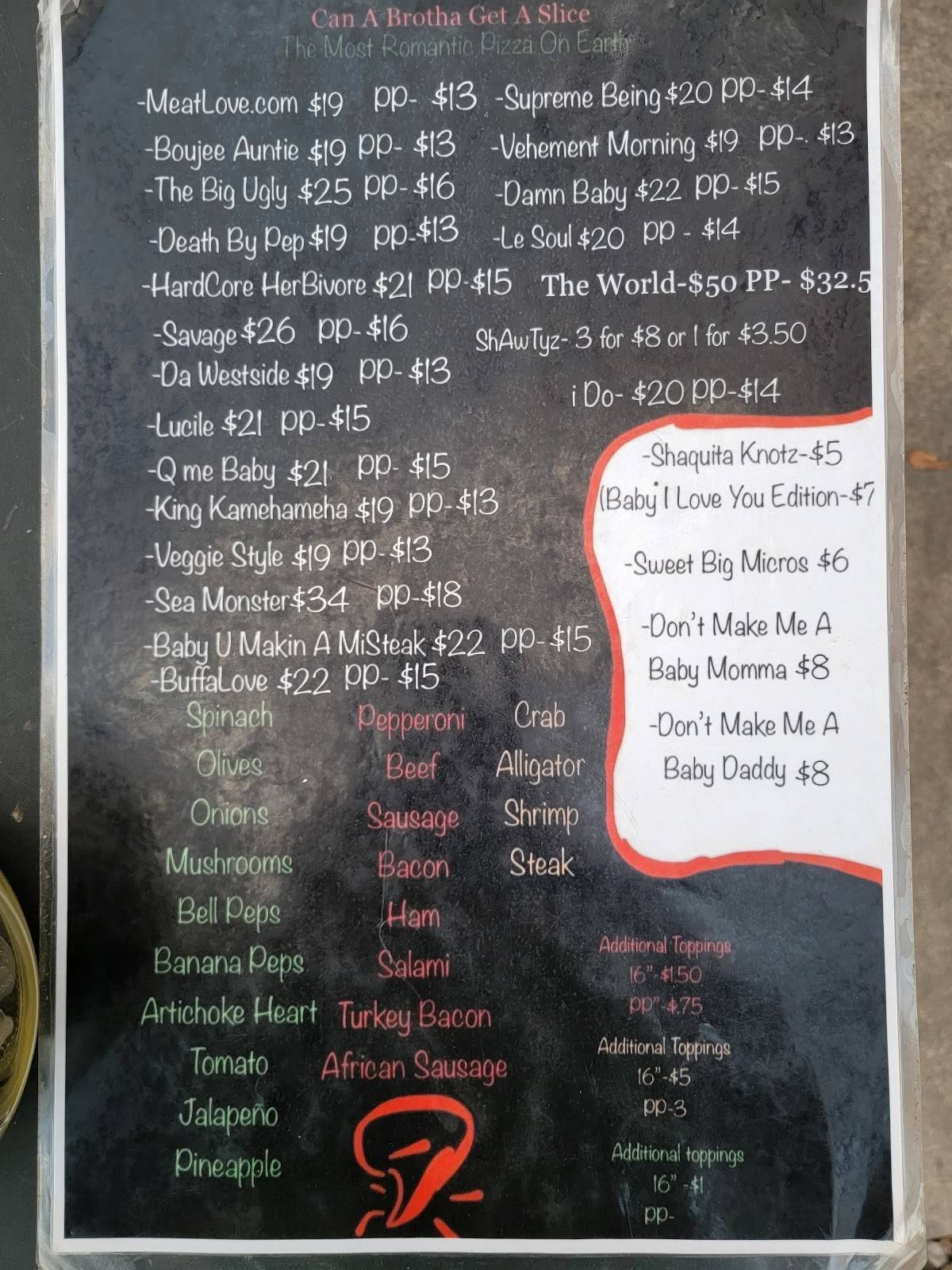 Menu at Can a brotha get a slice restaurant, Montgomery, S Decatur St