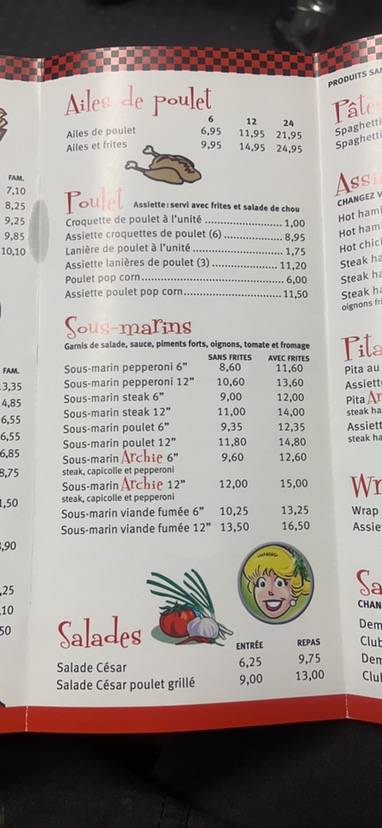 Menu au Restaurant Archie, Yamachiche