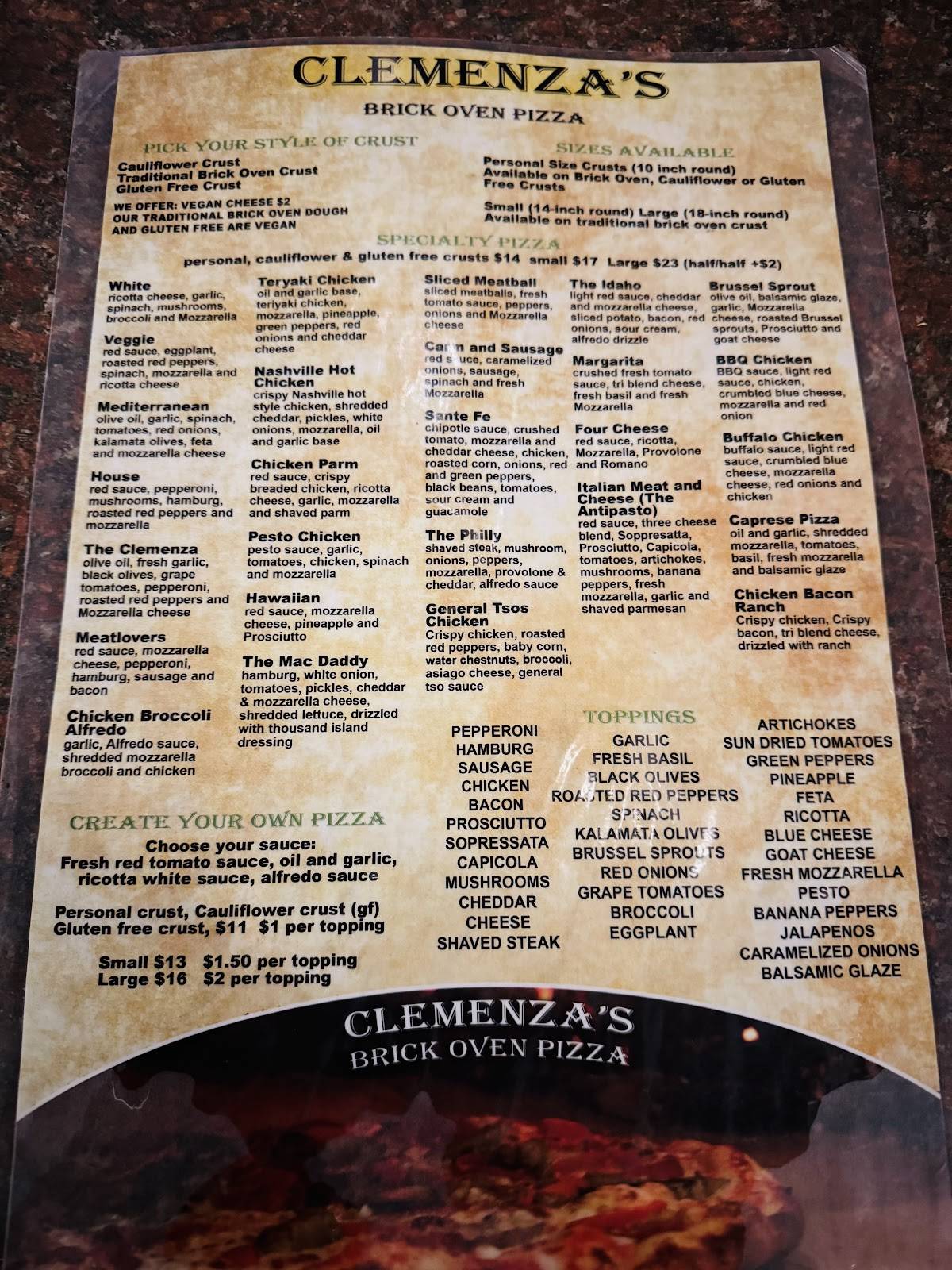 Menu at Clemenza's Brick Oven pizzeria, West Springfield