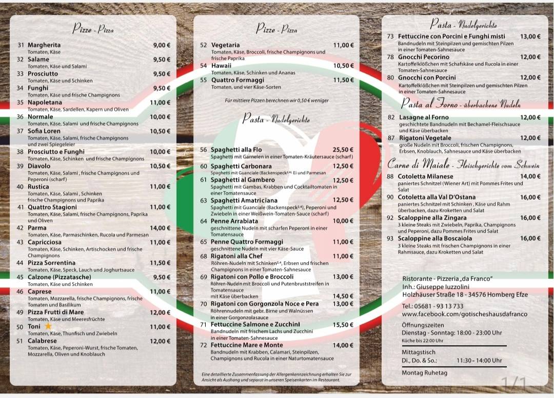 Speisekarte von Da Franco Ristorante Pizzeria, Homberg (Efze)
