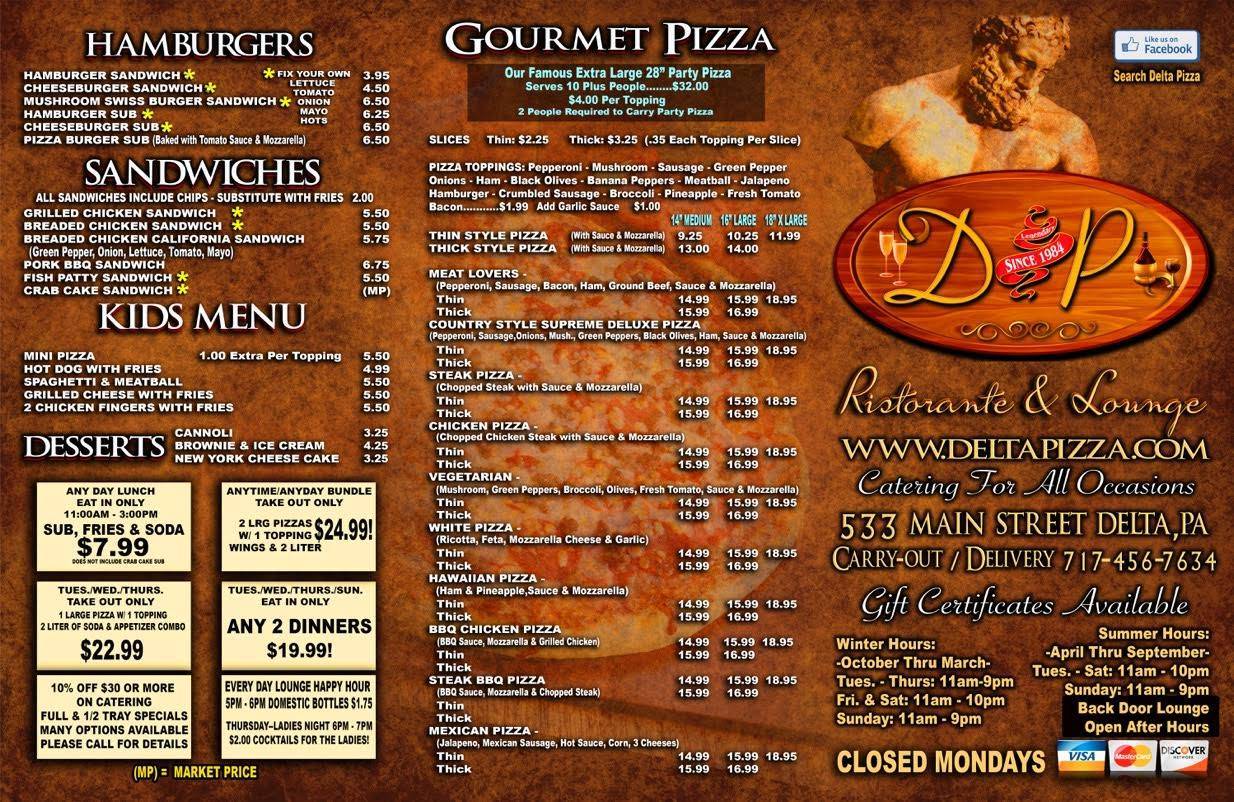 Menu at Delta Pizza pizzeria, Delta