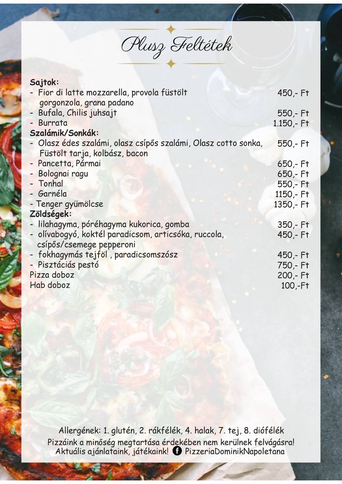 Carta de Pizzeria Dominik Napoletana, Kőszeg