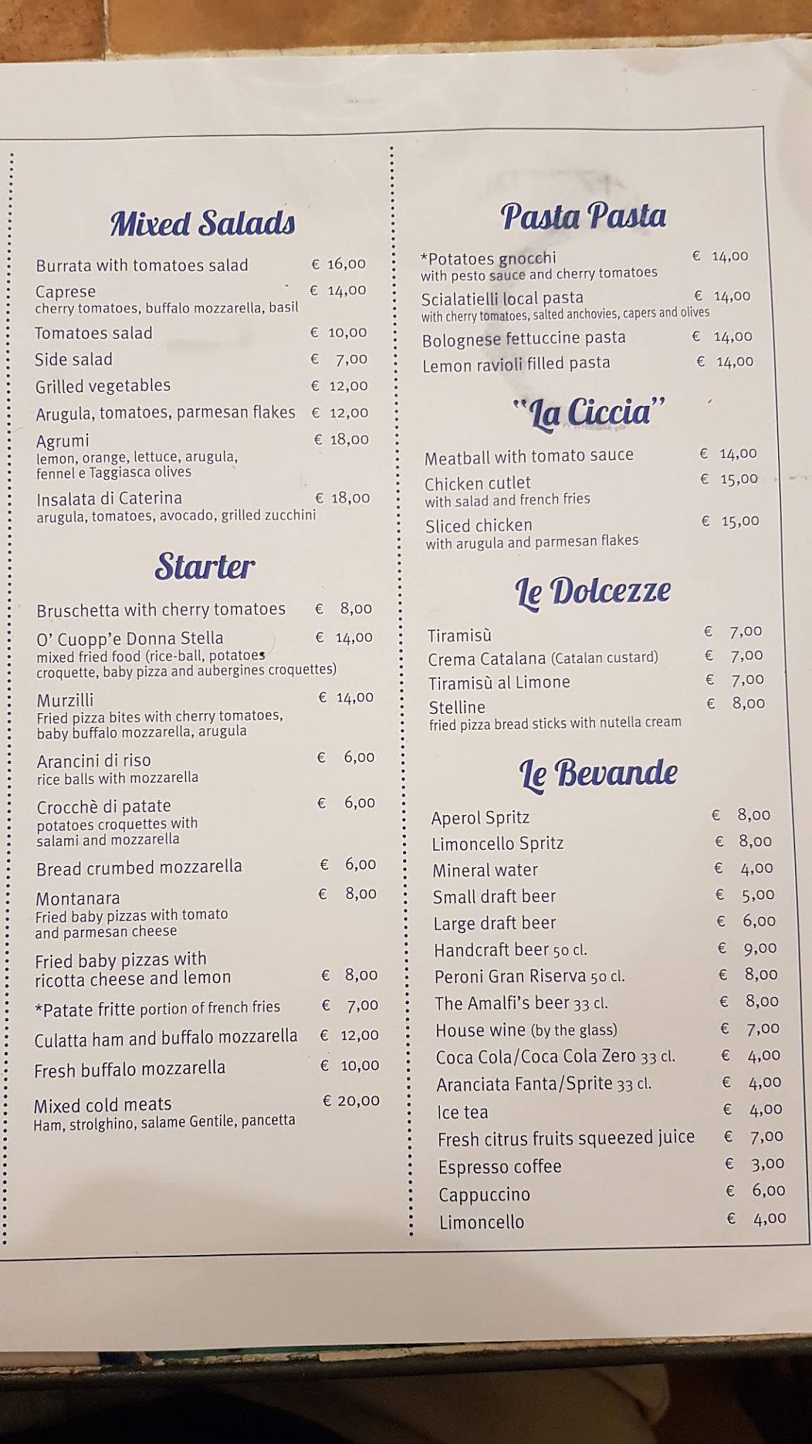 Menu at Pizzeria Donna Stella, Amalfi