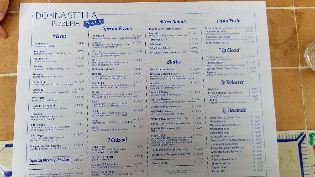Menu at Pizzeria Donna Stella, Amalfi