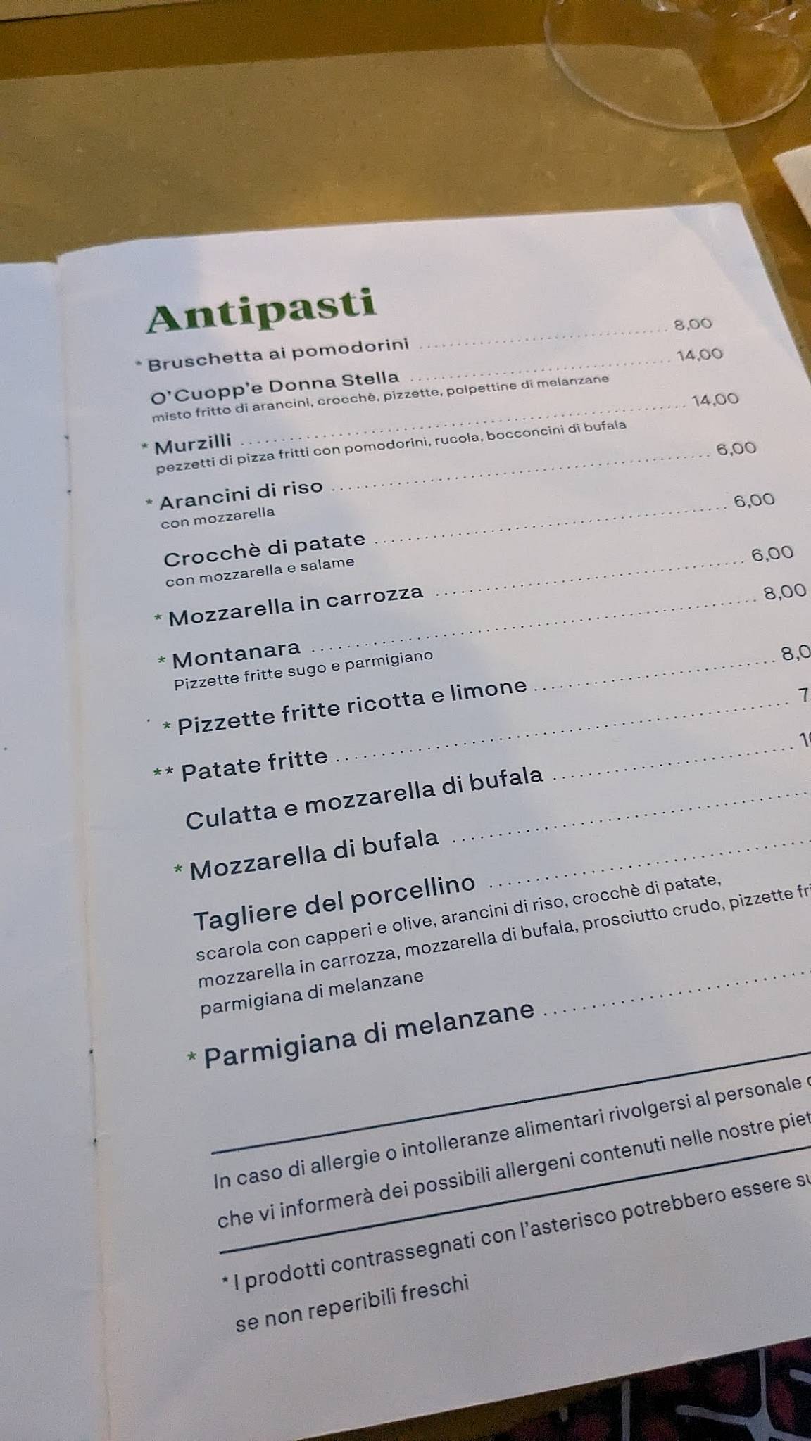Menu at Pizzeria Donna Stella, Amalfi