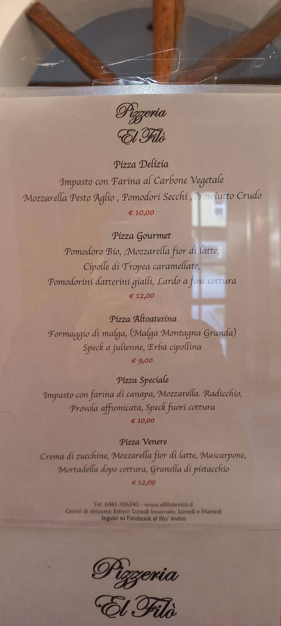 Carta de Pizzeria El Filò, Levico Terme