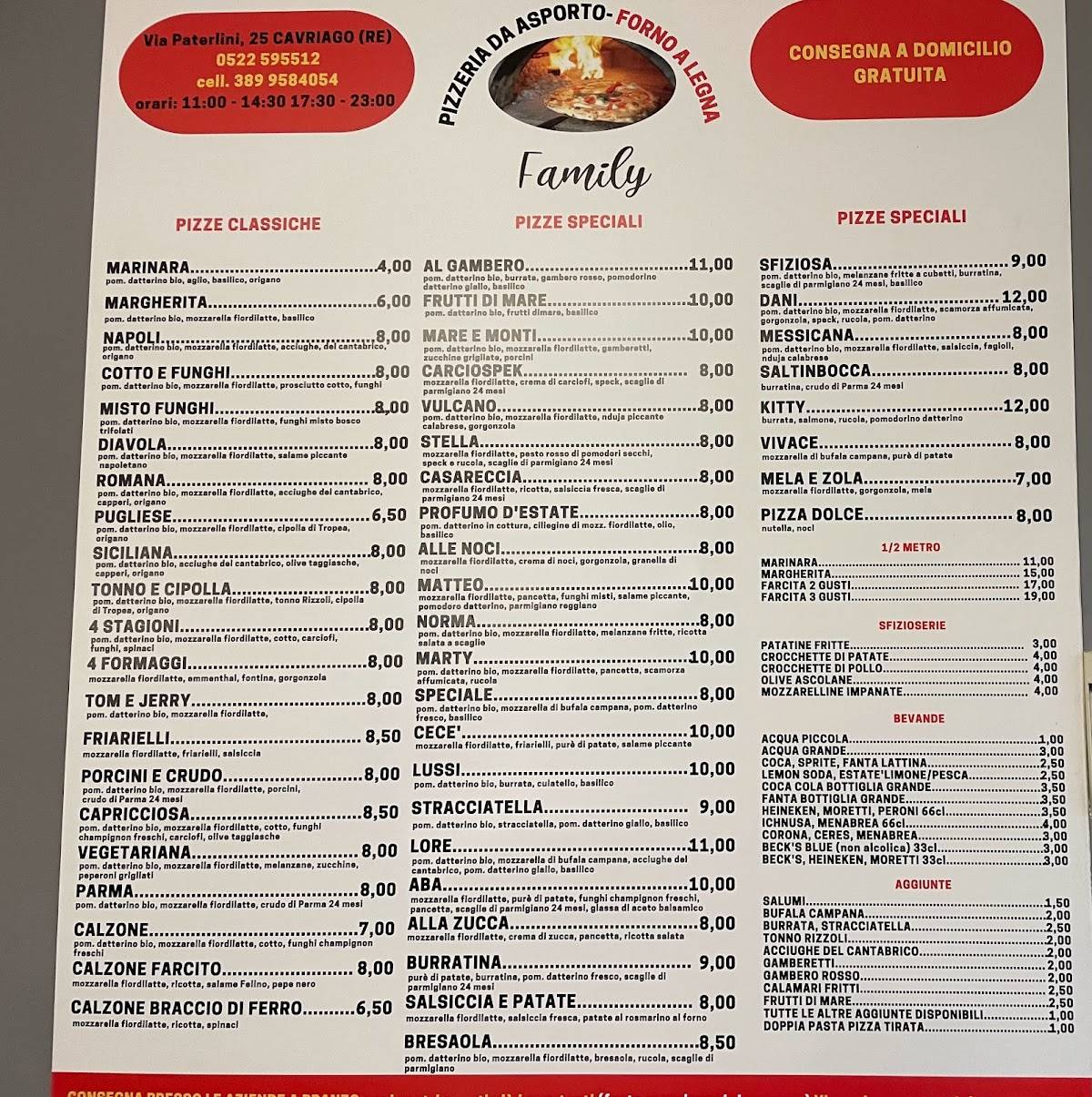 Menu da Pizzeria Family, Cavriago