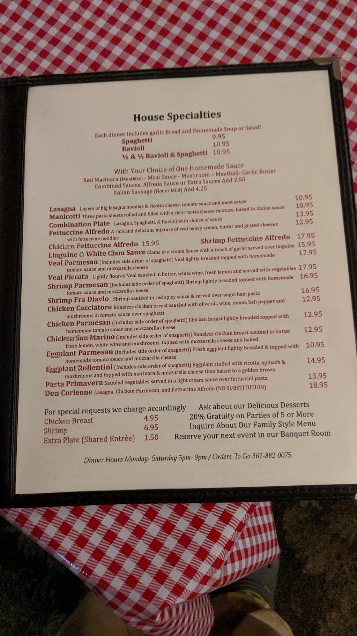Menu at Frank's Spaghetti House pizzeria, Corpus Christi