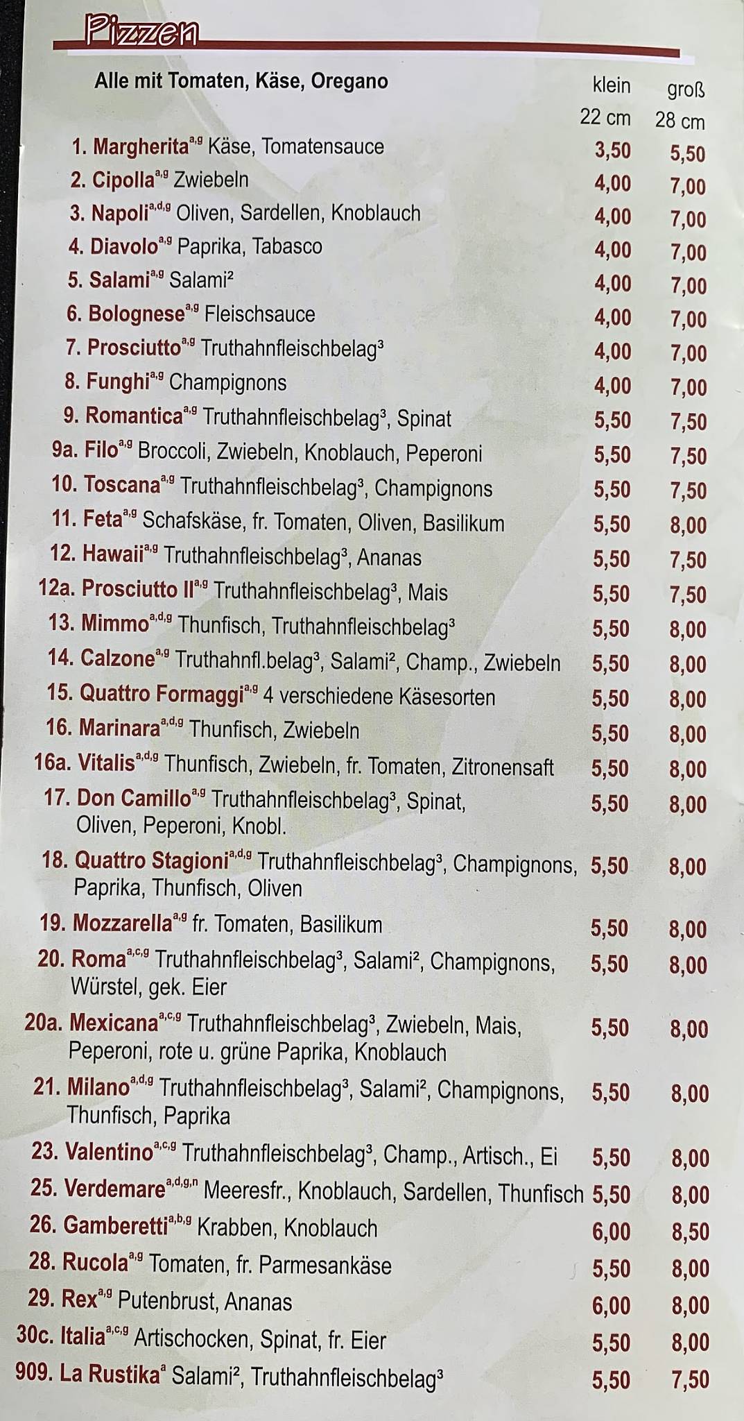 Speisekarte von Pizzeria Funghi 7, Oberhausen, Dieningstraße 58