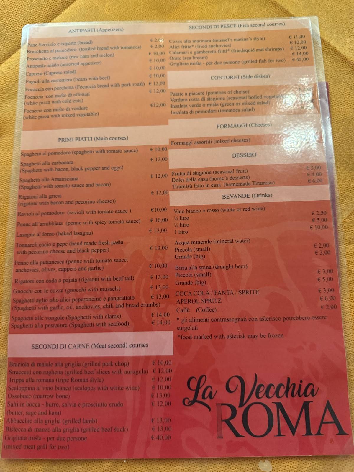 Menu at La Vecchia Roma pizzeria, Rome, Via Leonina
