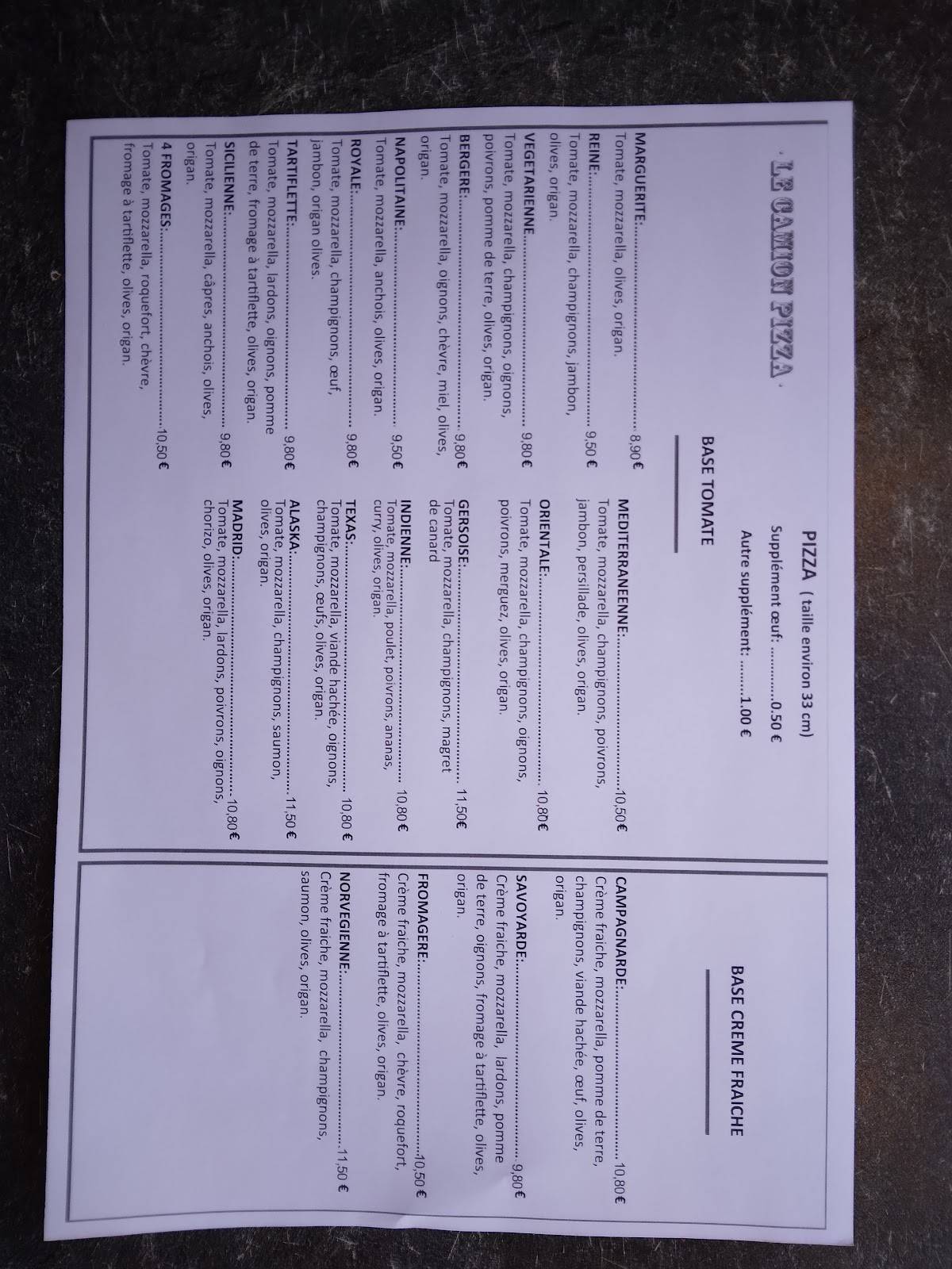 Menu au Le Camion Pizza Royan ''Chez Pascal'' restaurant, Royan