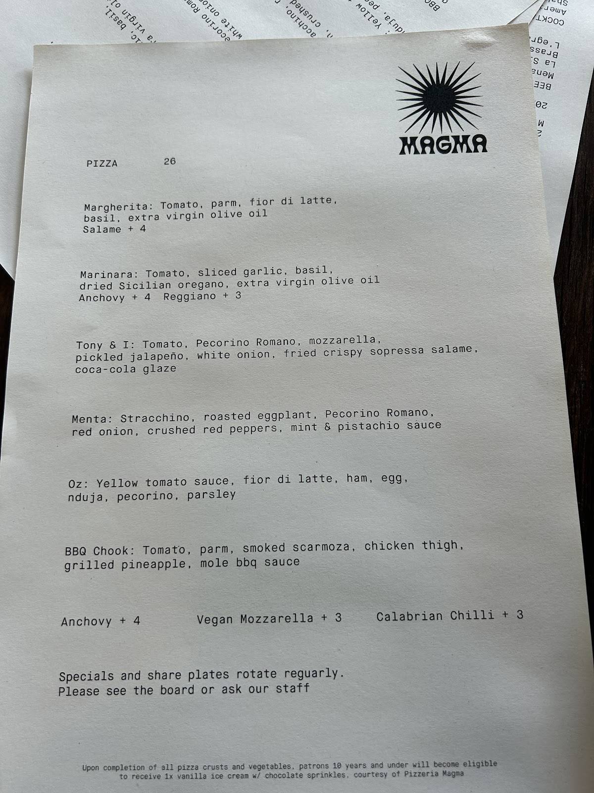 Menu at Pizzeria Magma, Fitzroy North