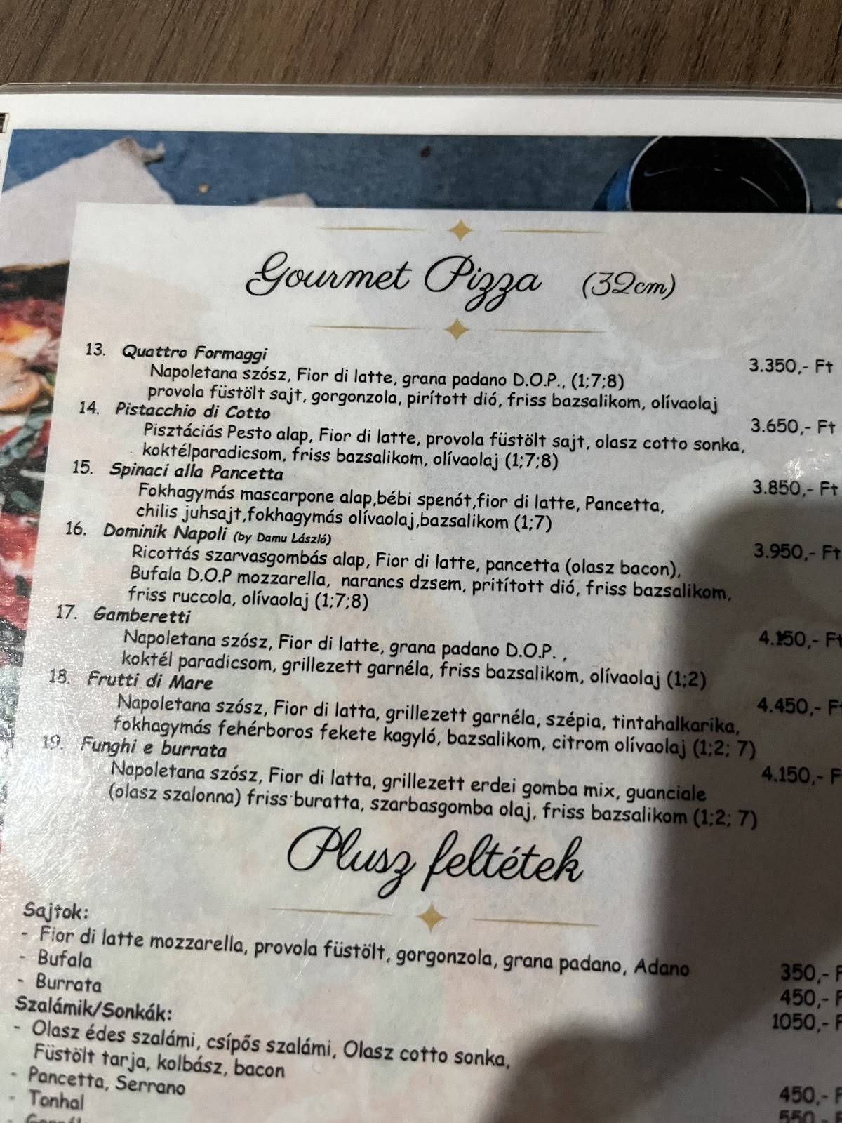 Carta de Pizzeria Dominik Napoletana, Kőszeg