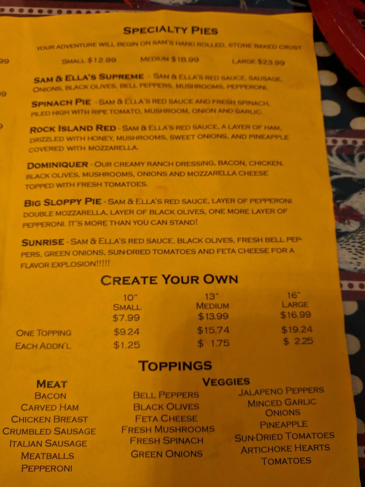 Menu at Sam & Ella's Chicken Palace pizzeria, Tahlequah