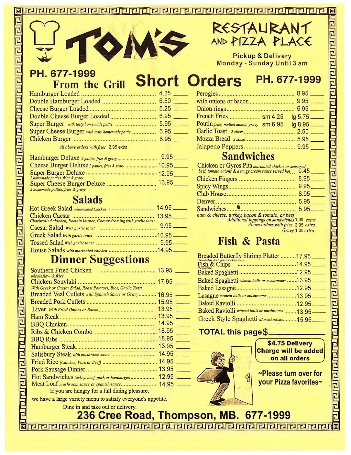 Menu at Tom's Pizza pizzeria, Thompson