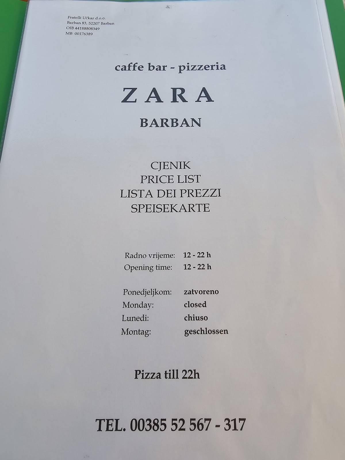 Menu at Pizzeria Zara, Barban