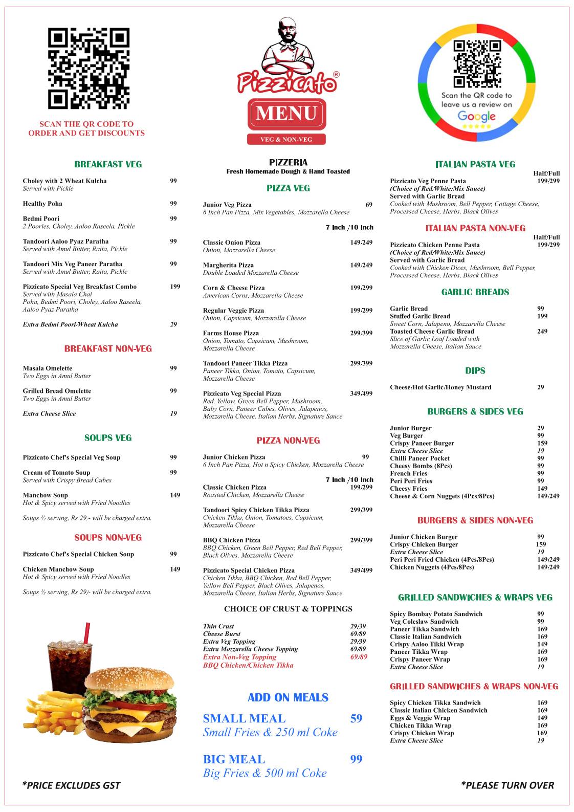 Menu at Pizzicato, Karnal